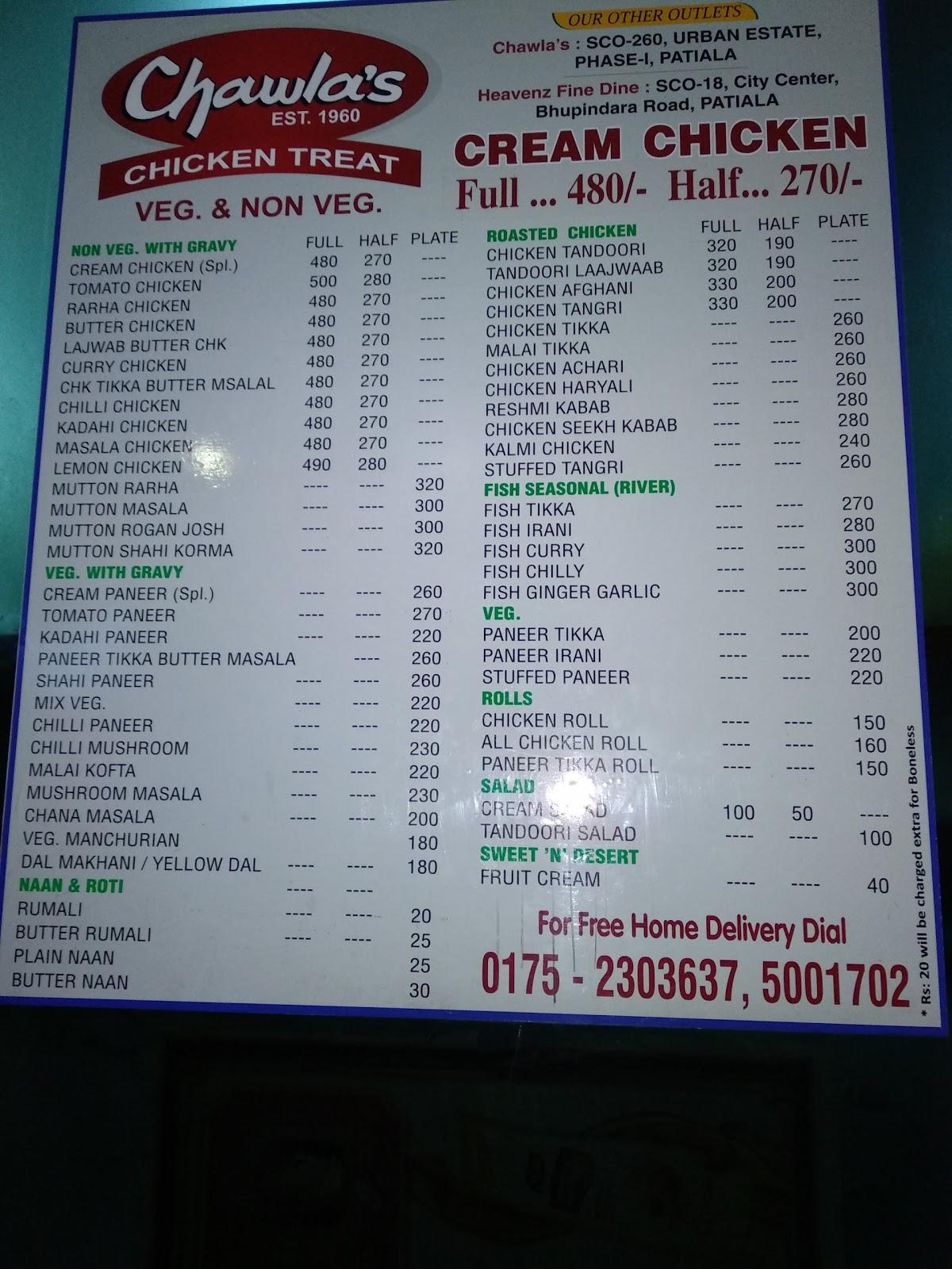 Menu at Chawla's Chicken Treat, Patiala, SCO No. 1