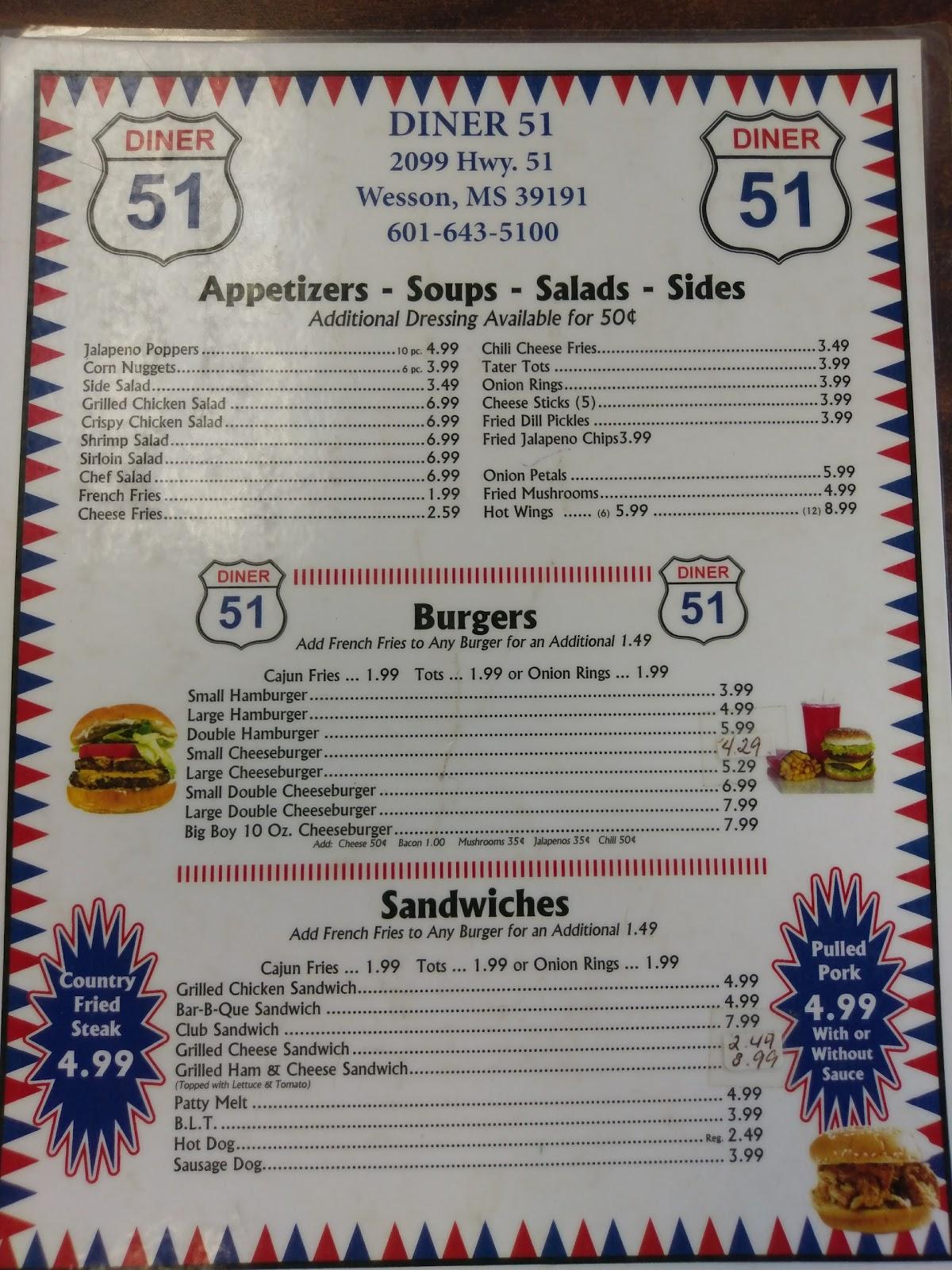 Menu at Fifty One Diner restaurant, Wesson