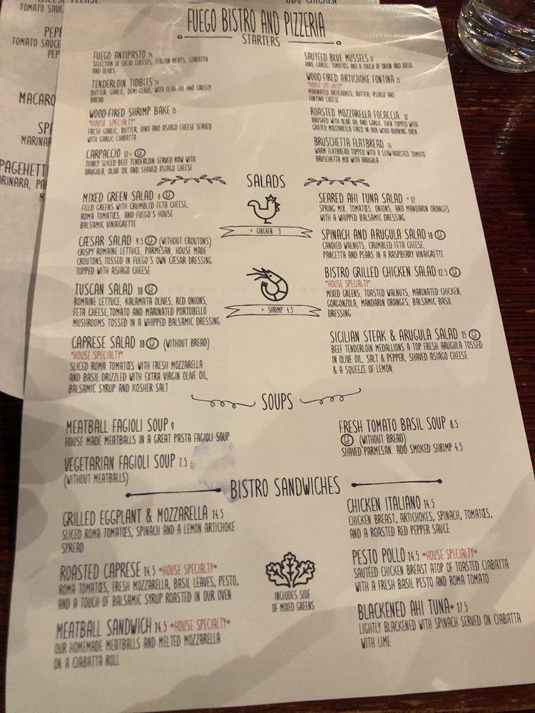 Menu at Fuego Bistro and Pizzeria, Park City