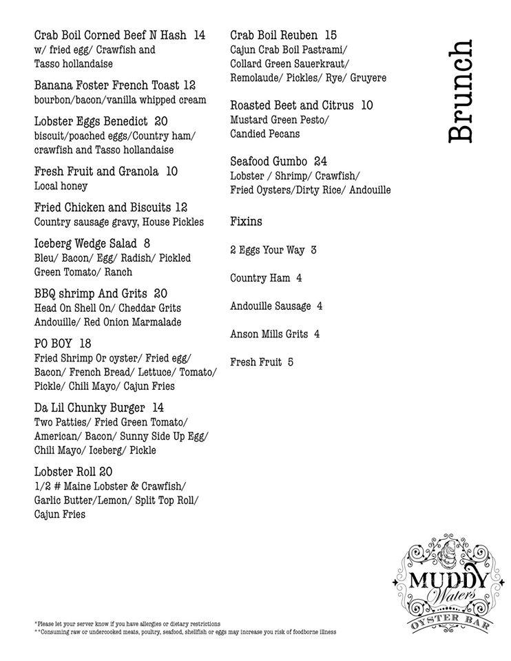 Menu at Muddy Waters Oyster Bar, Pittsburgh