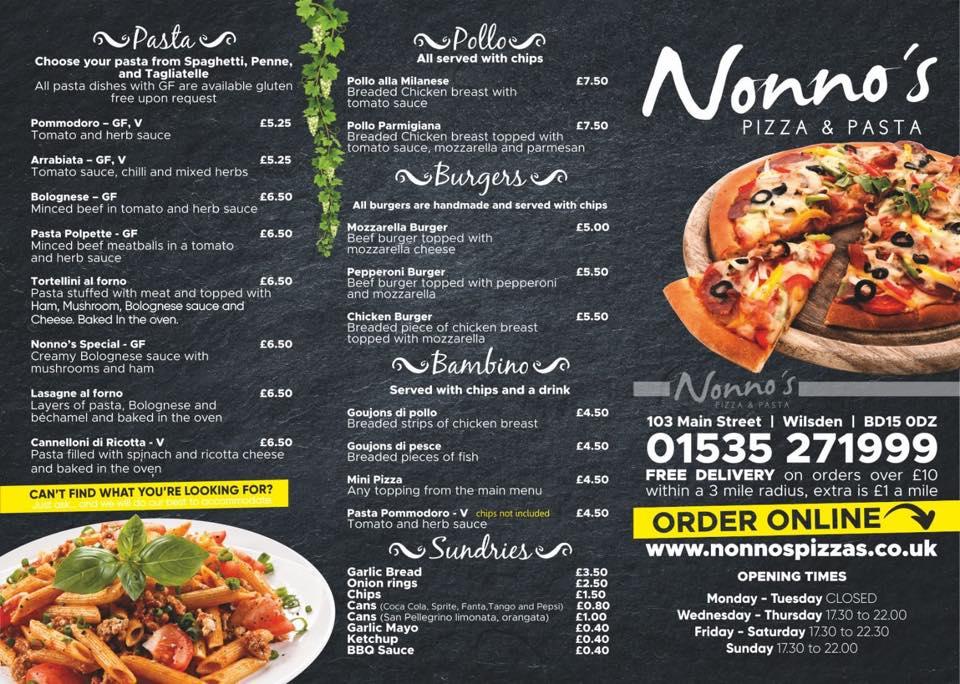 Menu at Nonno's pizzeria, Wilsden