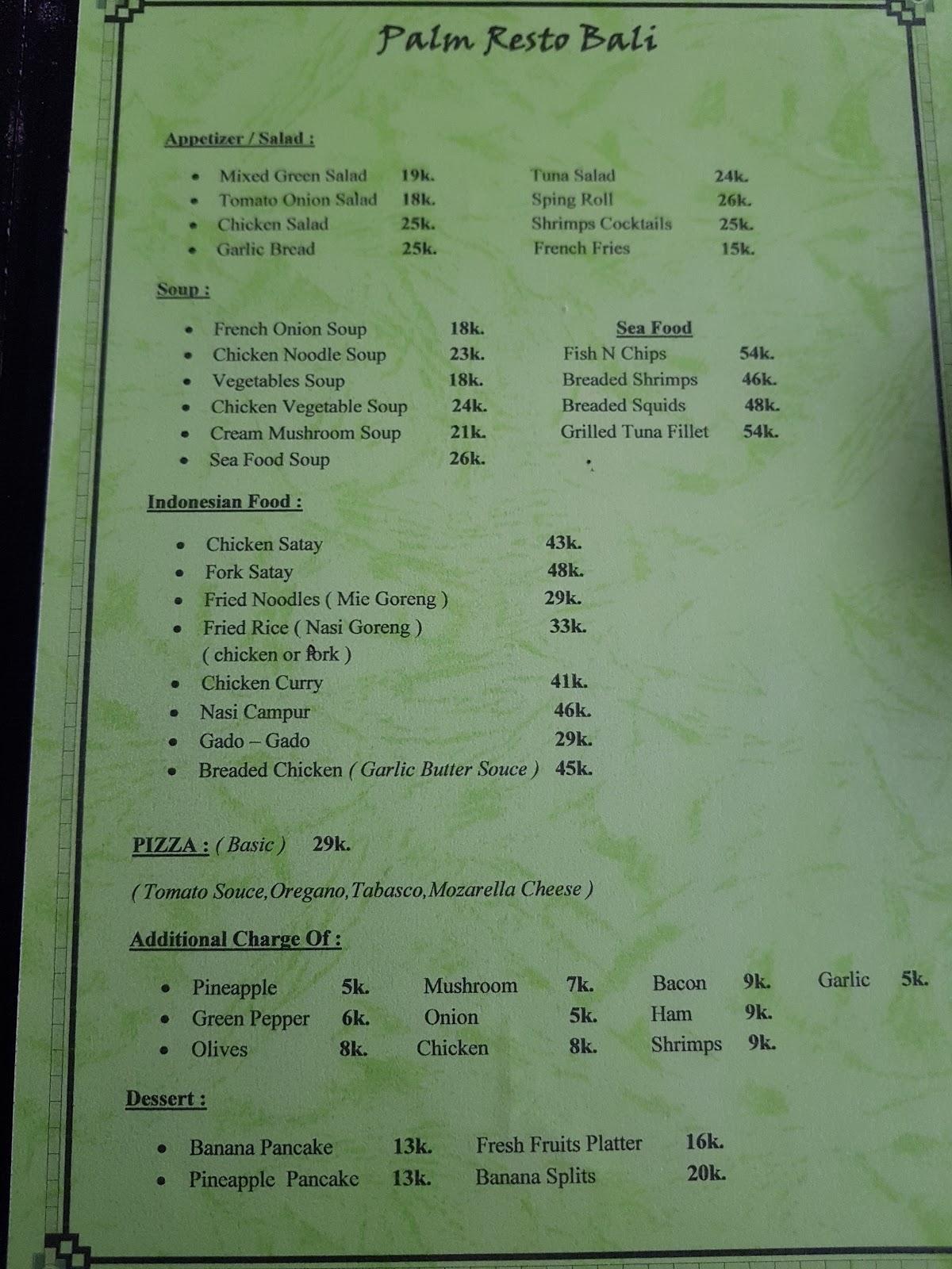 Menu at Palm Resto Bali restaurant, Pancasari