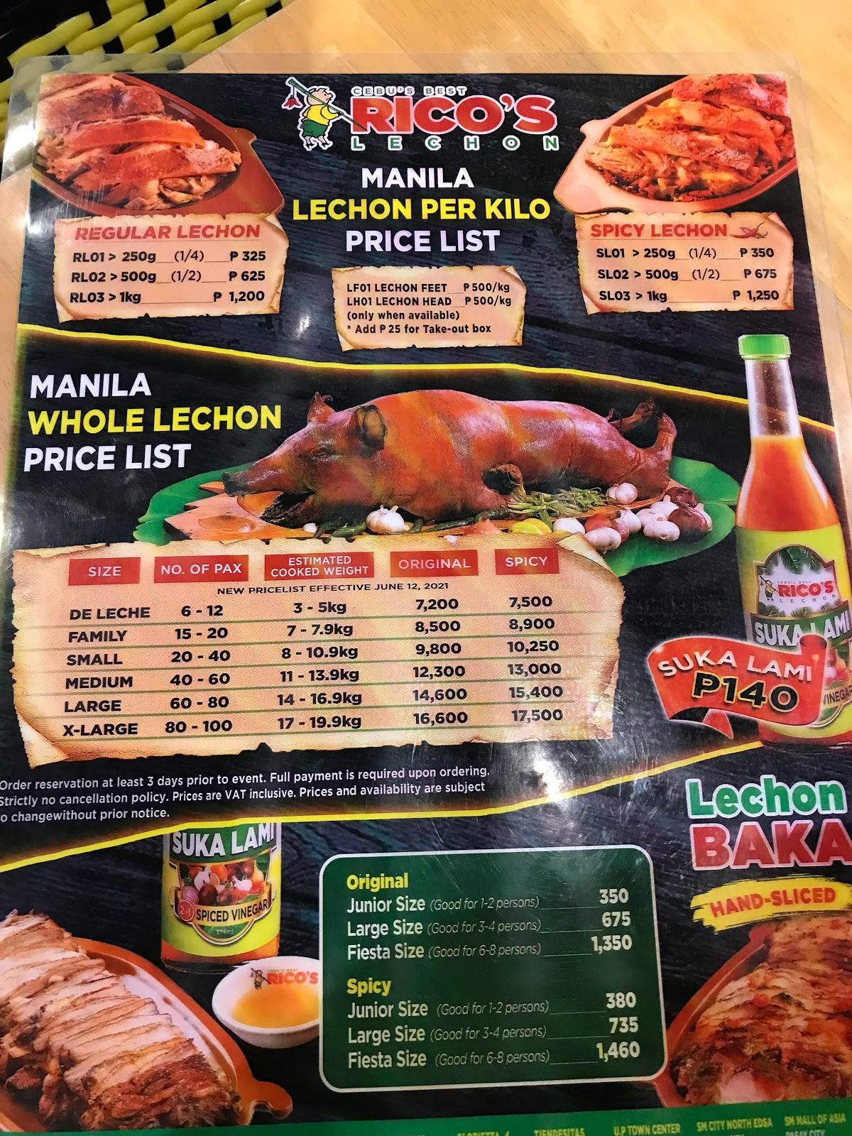 Menu at Rico's Lechon - Ayala Malls Circuit restaurant, Makati