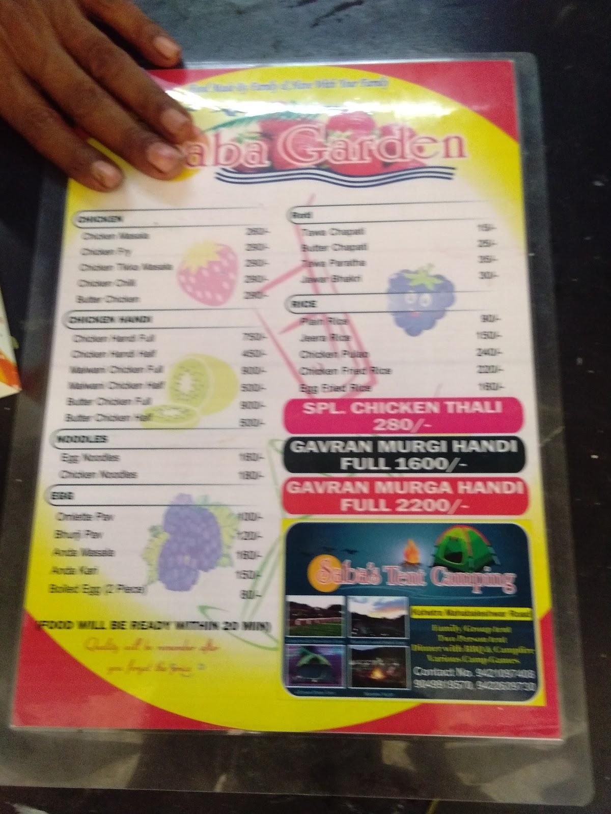 Menu at Saba Garden, Mahabaleshwar