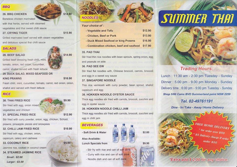 Menu at Summer Thai restaurant, Summerland Point