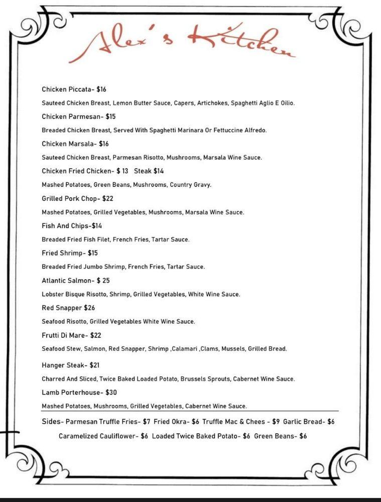 Menu at Alex's Kitchen restaurant, Missouri City