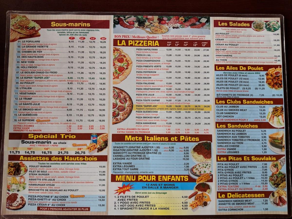 Menu au Joe le Roi du Sous-marin restaurant, Sainte-Julie