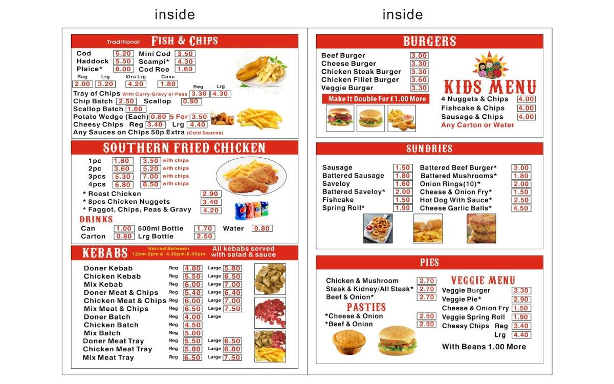 Menu at Kineton Chippy restaurant, Kineton