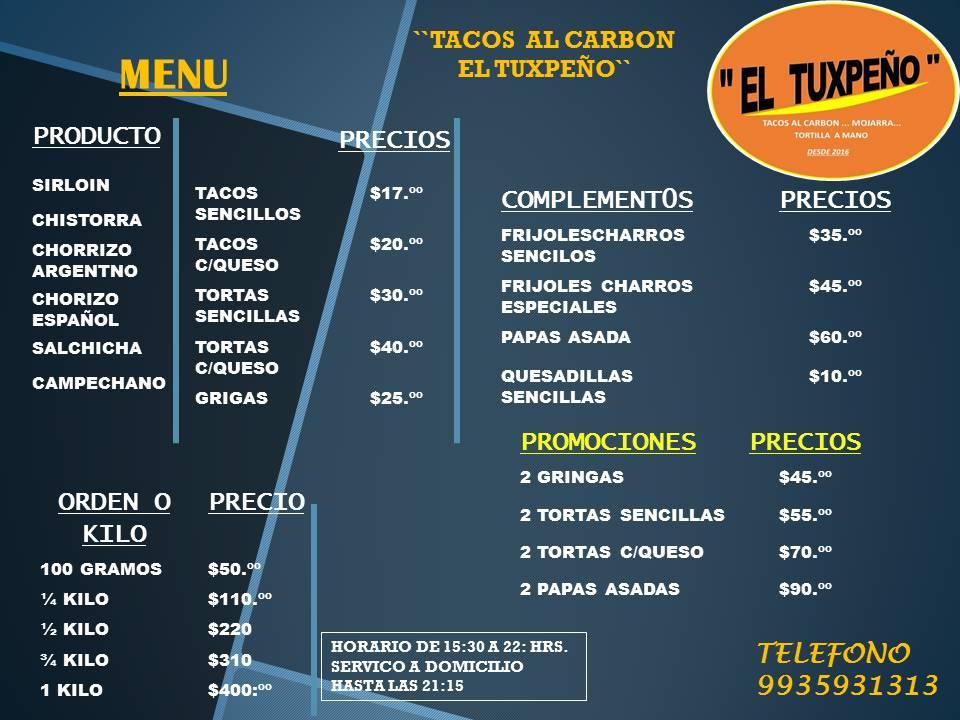 Carta del restaurante Tacos al carbón el tuxpeño, Caucel