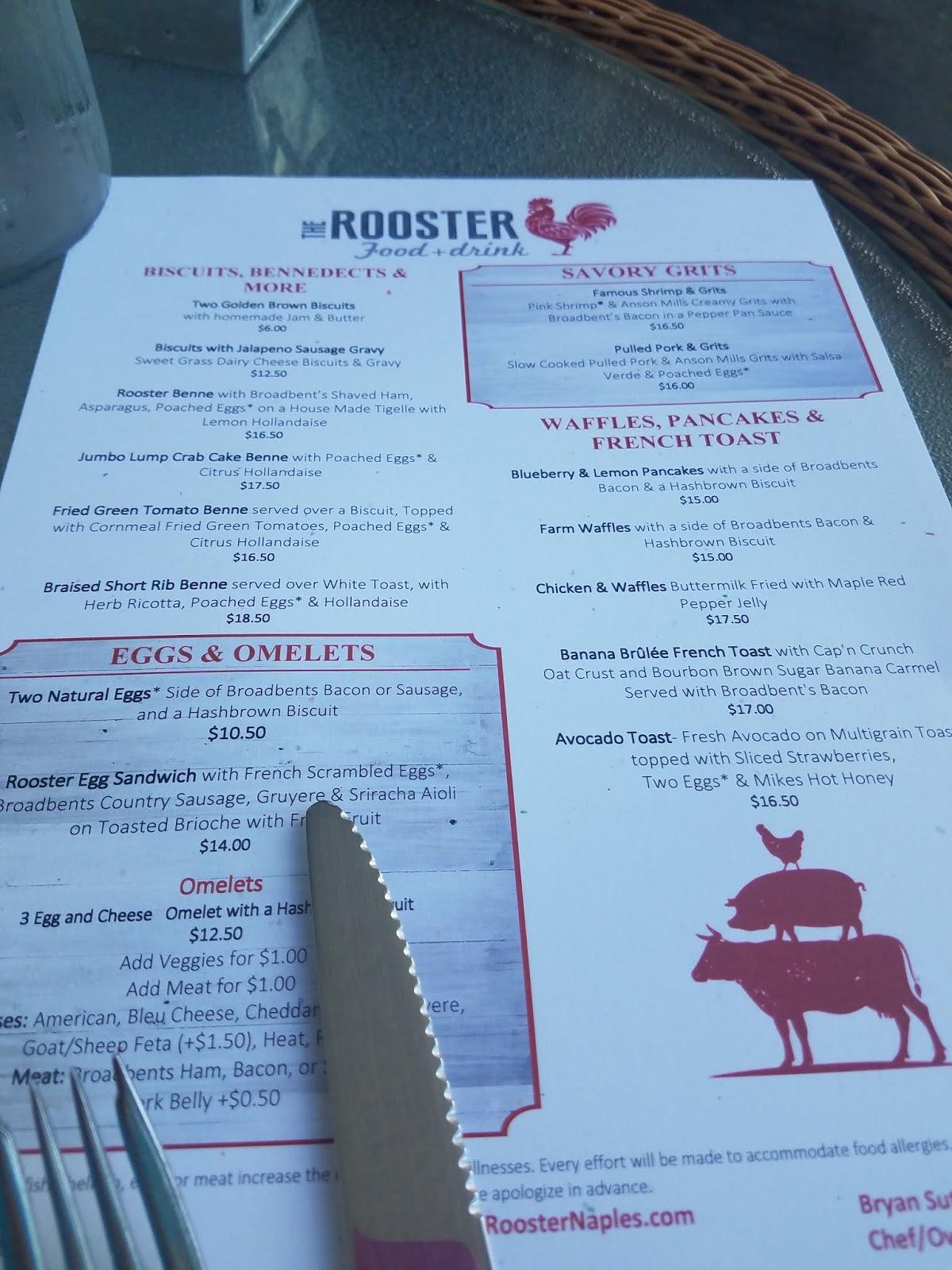 Menu at The Rooster Food+Drink restaurant, Naples