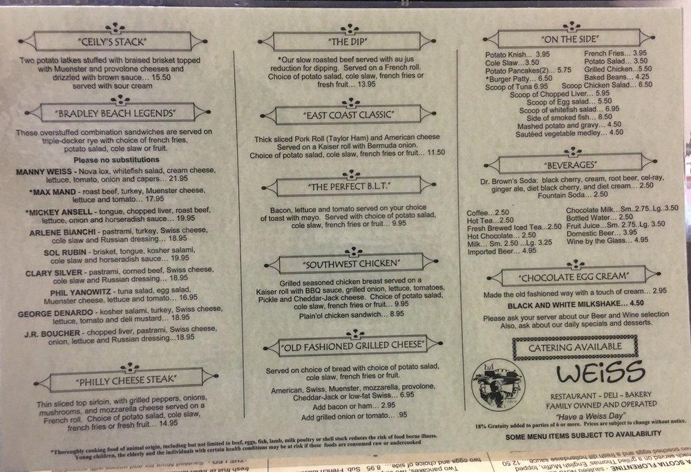 Menu at Weiss Deli restaurant, Henderson
