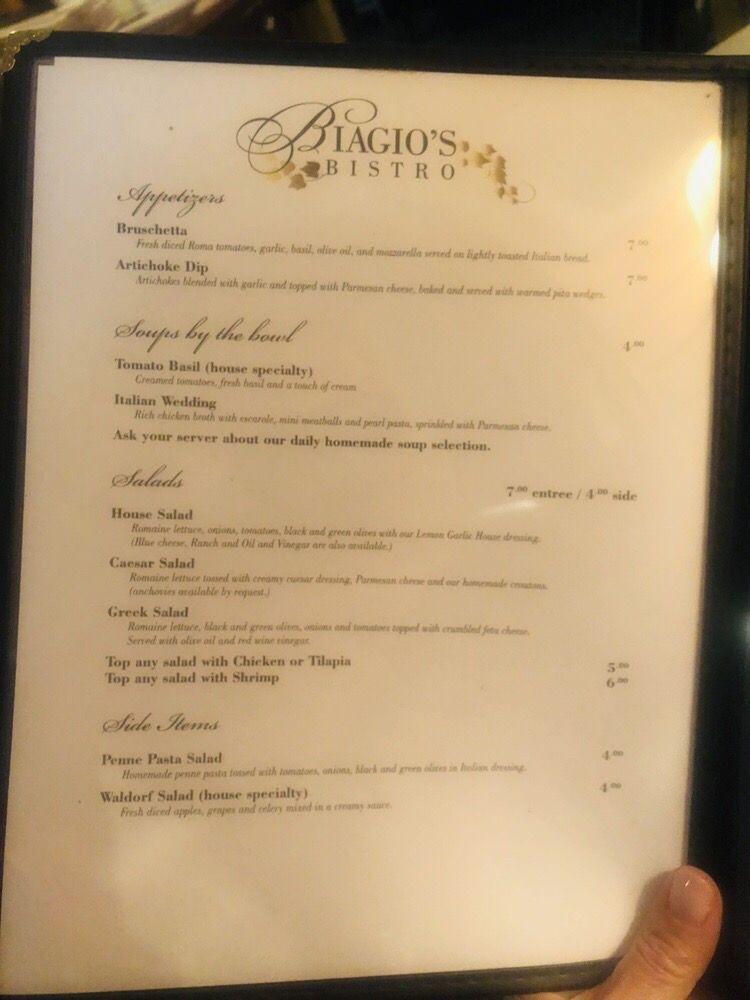 Menu at Biagio's Bistro restaurant, Cincinnati