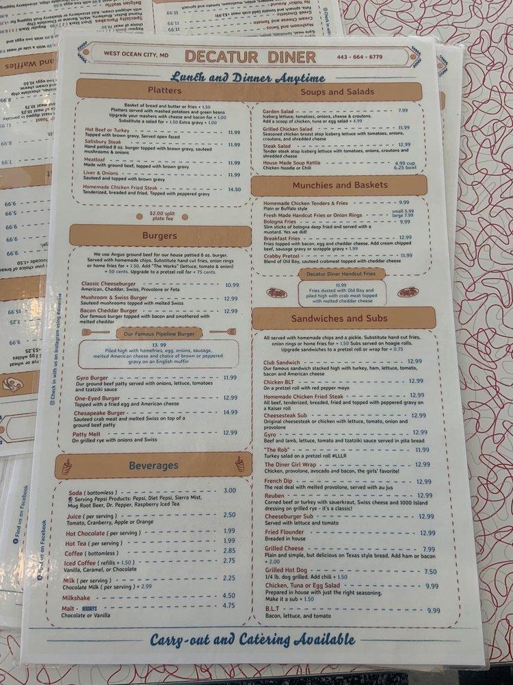 Menu at Decatur Diner restaurant, West Ocean City