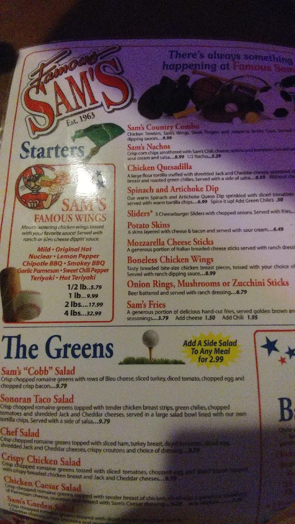 Menu at Famous Sam's pub & bar, Tucson, W River Rd