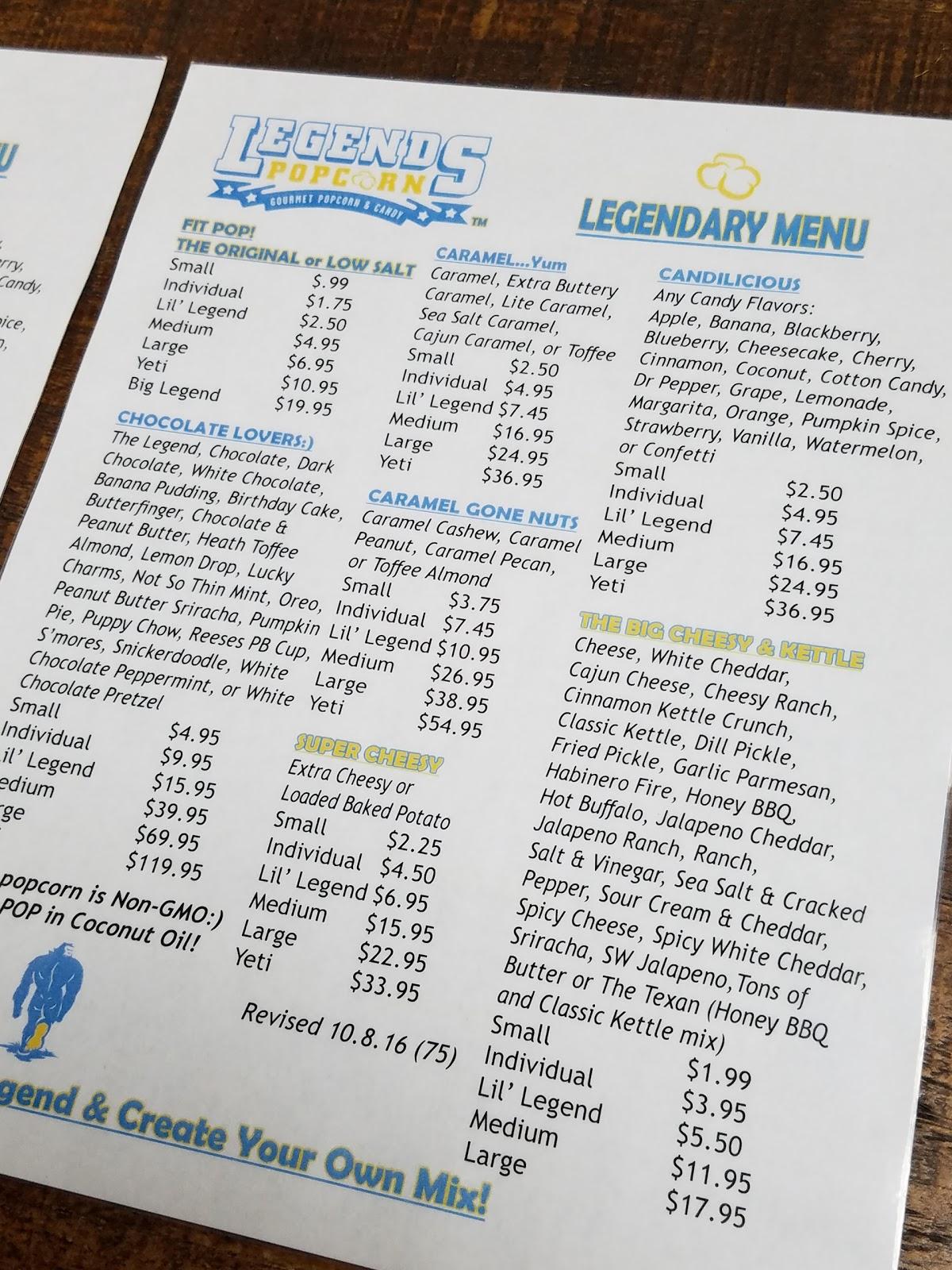 Menu at Legends Popcorn, Plano