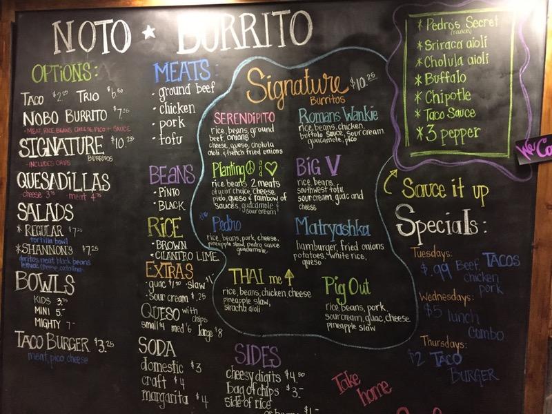 Menu at NOTO Burrito restaurant, Topeka