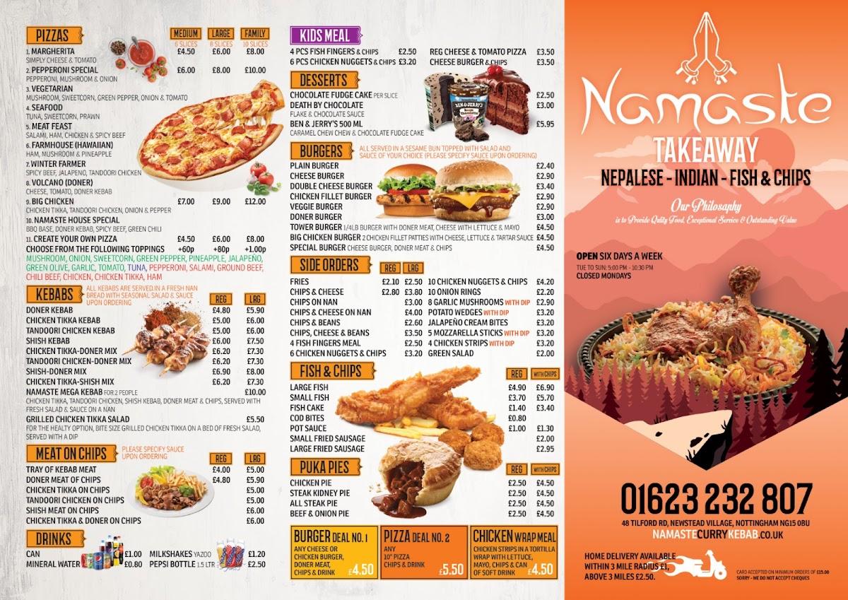 Menu at Namaste Takeaway, Nottingham