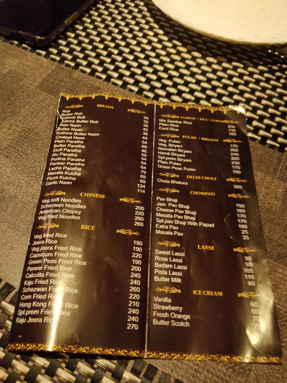 Menu at Prem Veg Restaurant, Hyderabad