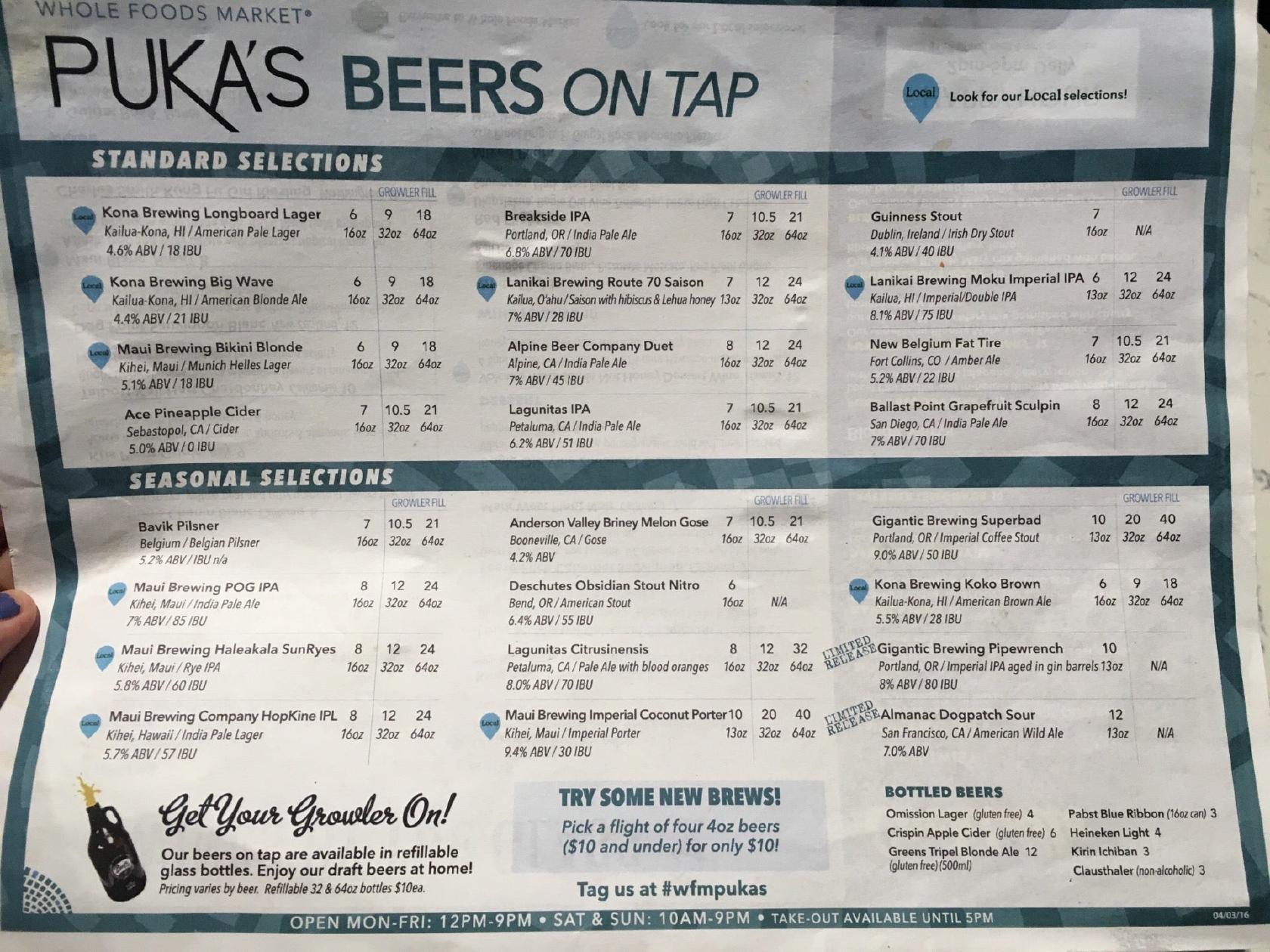 Menu at Puka's pub & bar, Honolulu