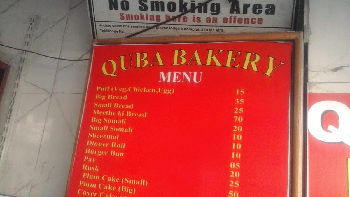 Menu at Quba Bakery, Hyderabad