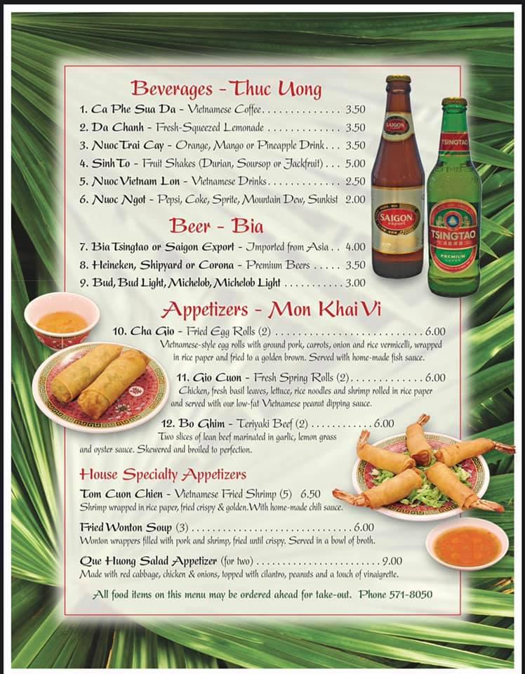 Menu at Que Huong Restaurant, Biddeford