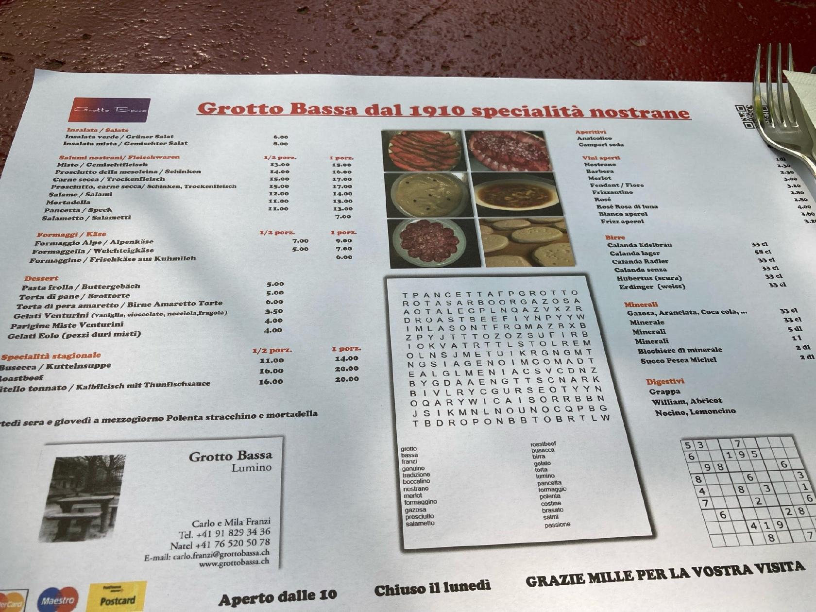 Menu da Grotto Bassa, Lumino
