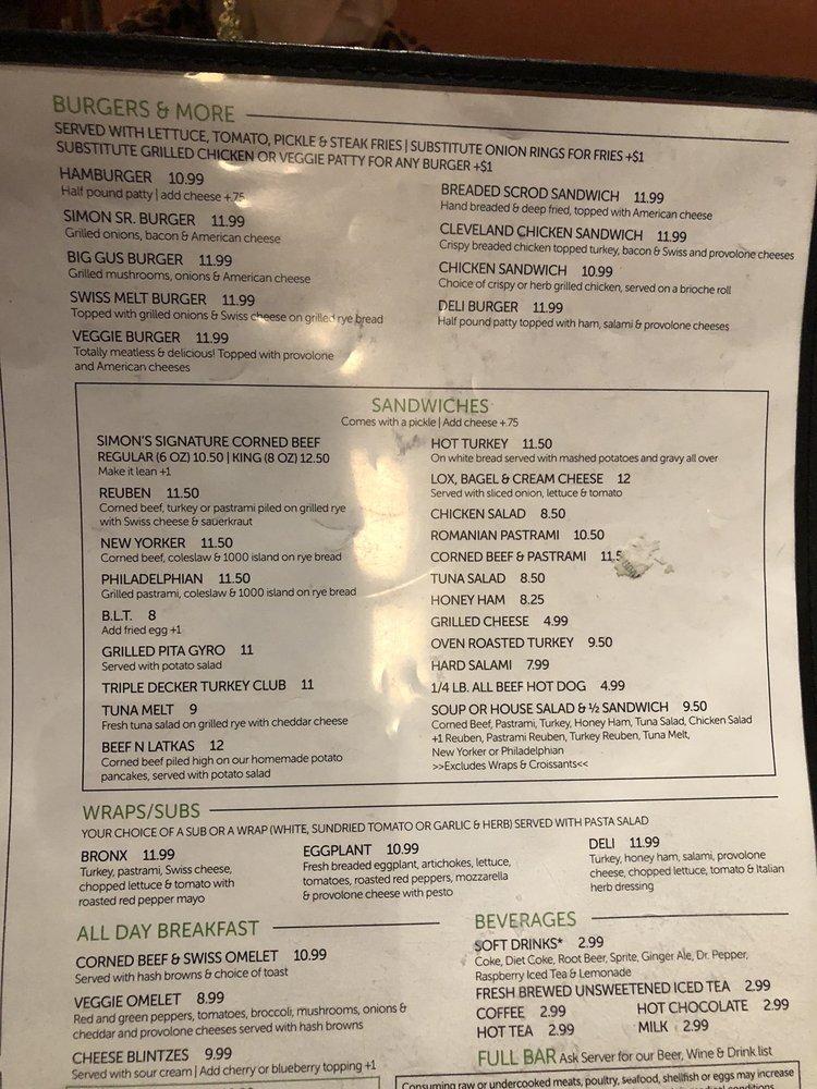Menu at Simon’s Restaurant & Delicatessen, Brecksville