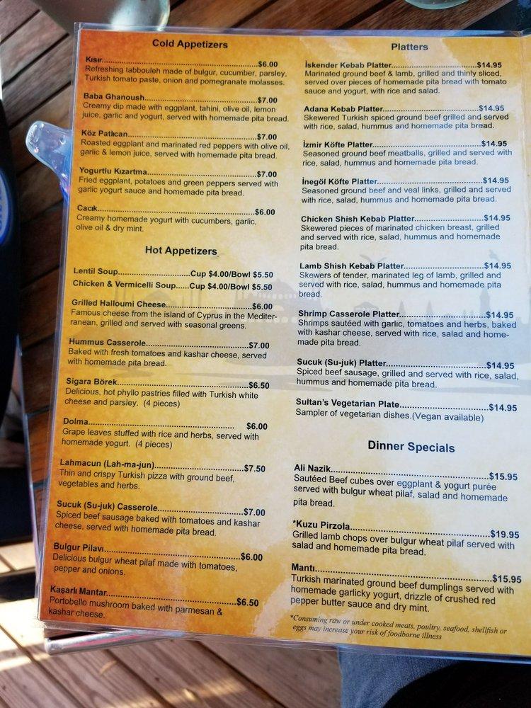 Menu at Sultan Kebab restaurant, Charlottesville, 333 2nd St SE