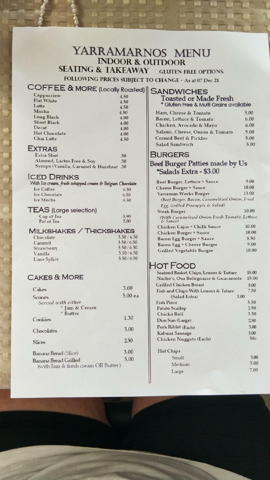 Menu at Yarramarnos Cafe, Yarraman