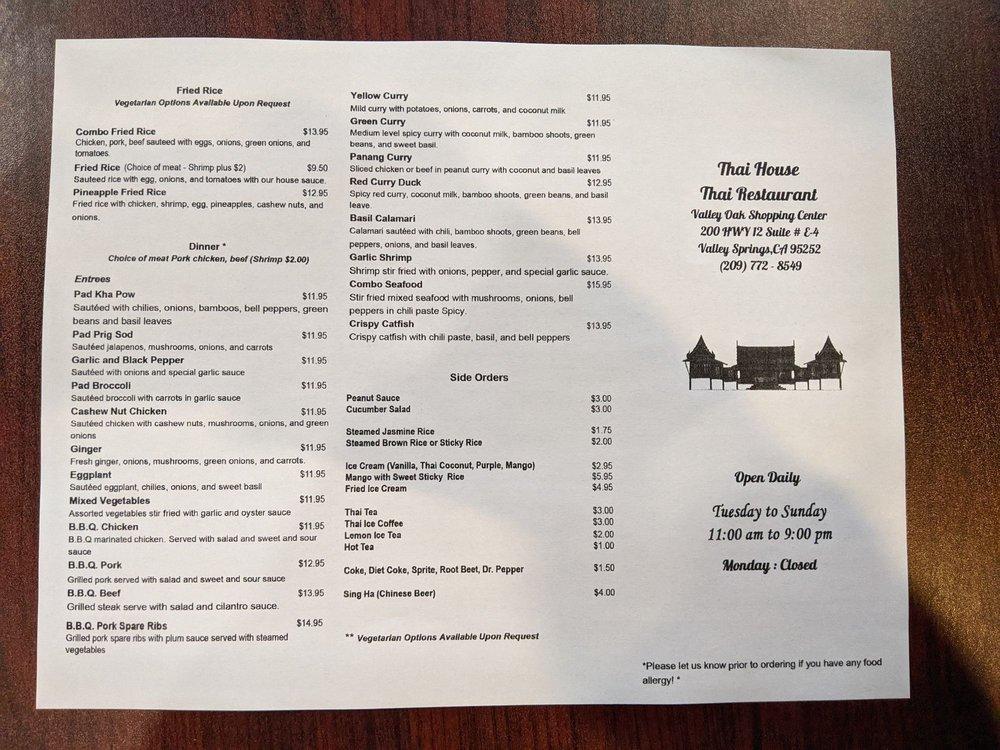 Menu at Thai House restaurant, Valley Springs