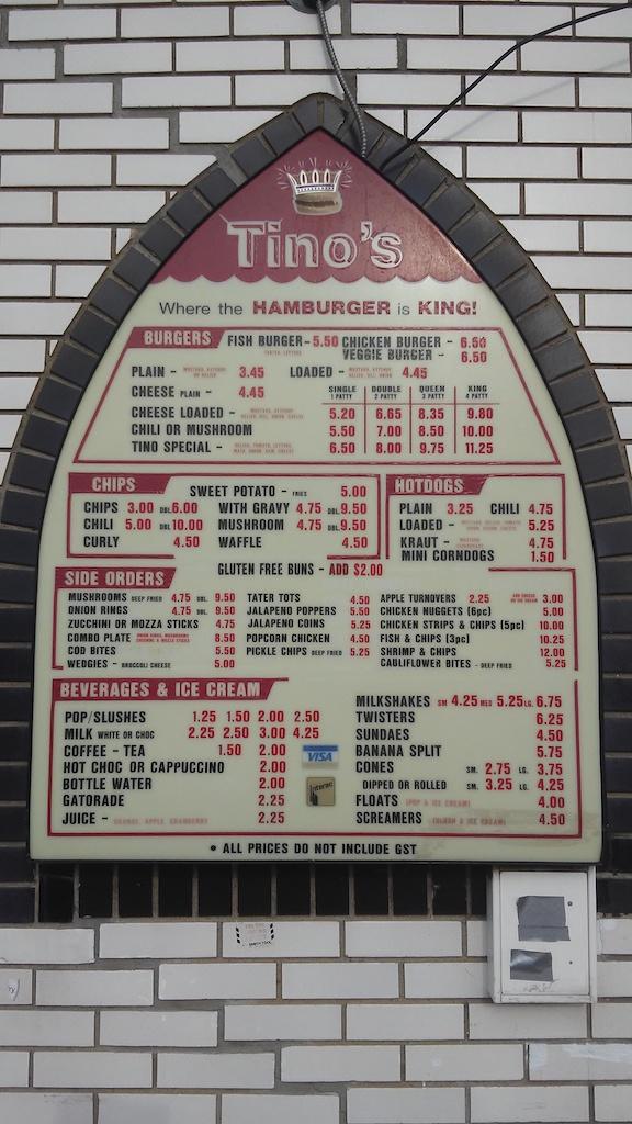Menu at Tino's fast food, Medicine Hat