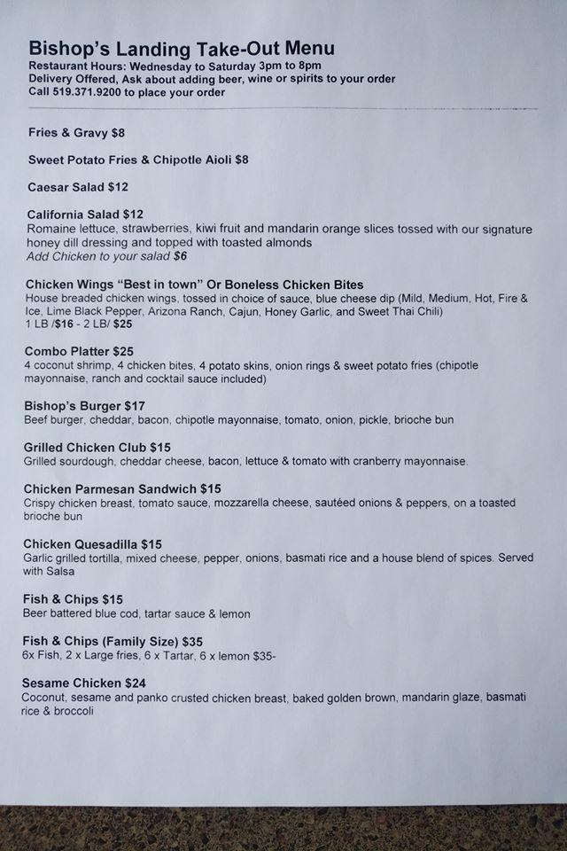 Menu at Bishop's Landing Lake View Patio Owensound pizzeria, Owen Sound
