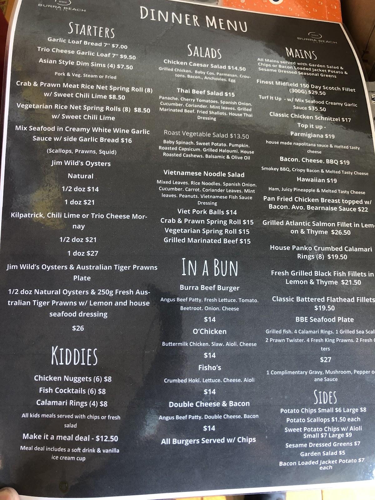 Menu at Burra Beach Eats cafe, Culburra Beach