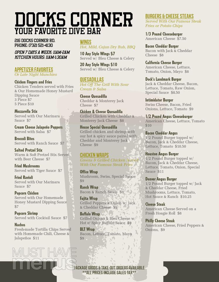 Menu at Dock's Corner Tavern pub & bar, Jamesburg, 216 Docks Corner Rd