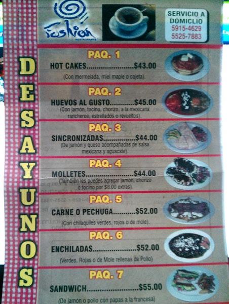 Menu at Fushion restaurant, Ciudad López Mateos, Calle Río Balsas 107