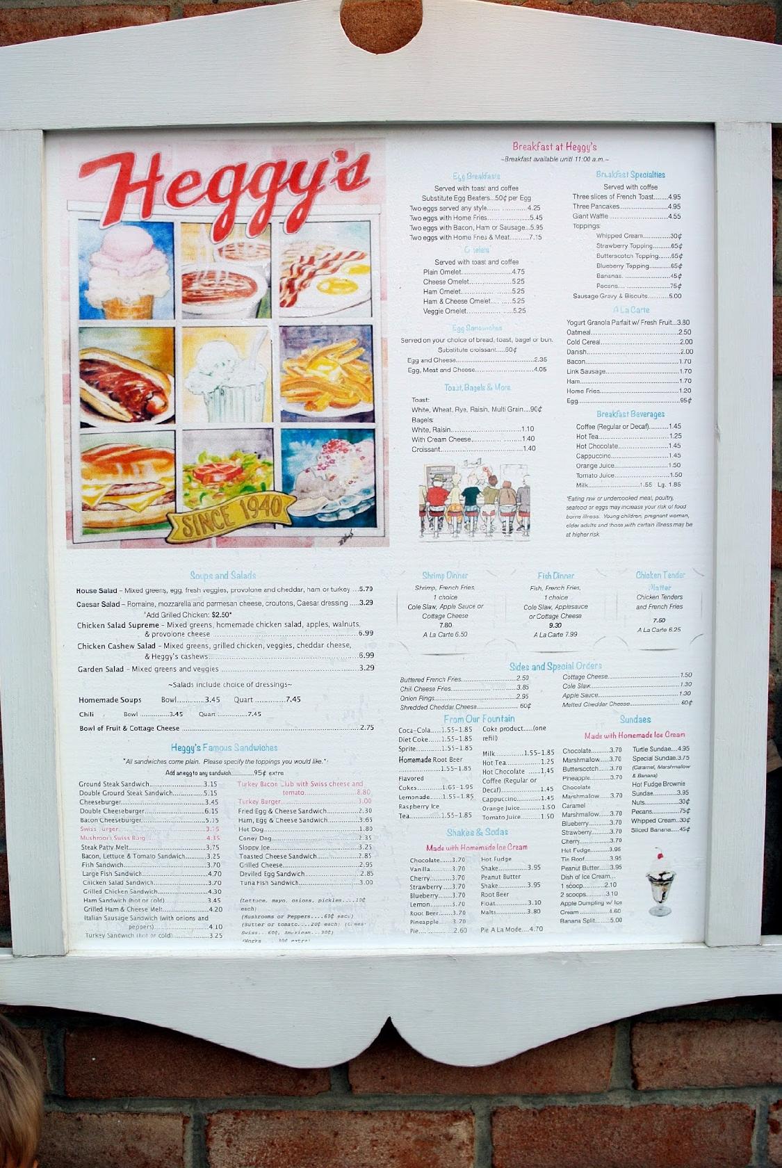 Menu at Heggy's Confectionery restaurant, Alliance