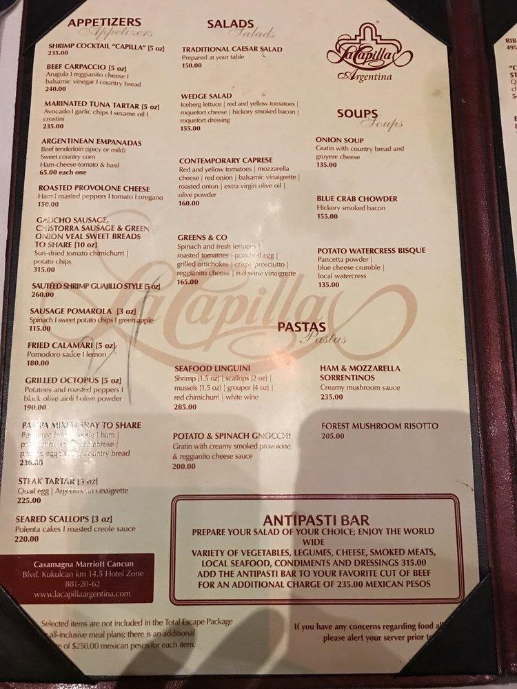 Menu at La Capilla steakhouse, Cancún, Boulevard Kukulcan