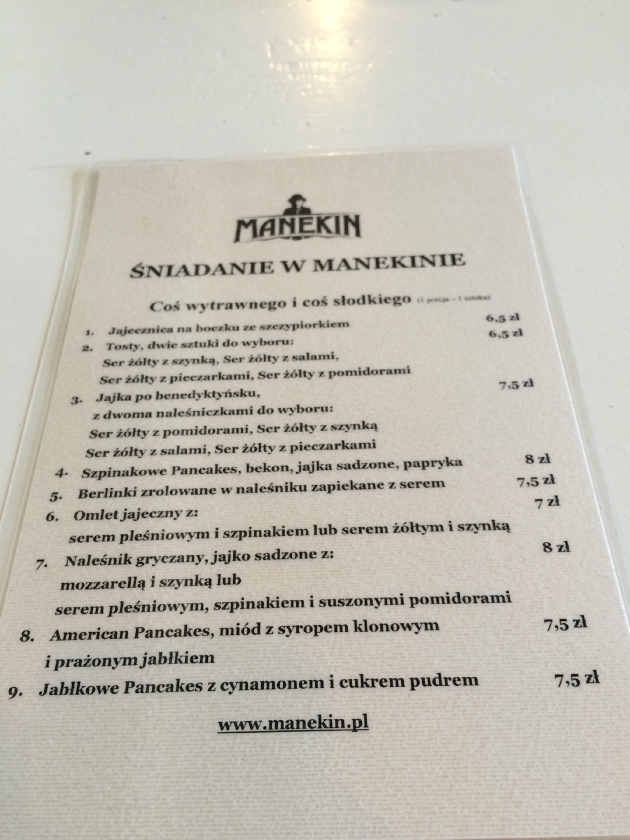 Menu at Manekin restaurant, Torun, Jurija Gagarina 152