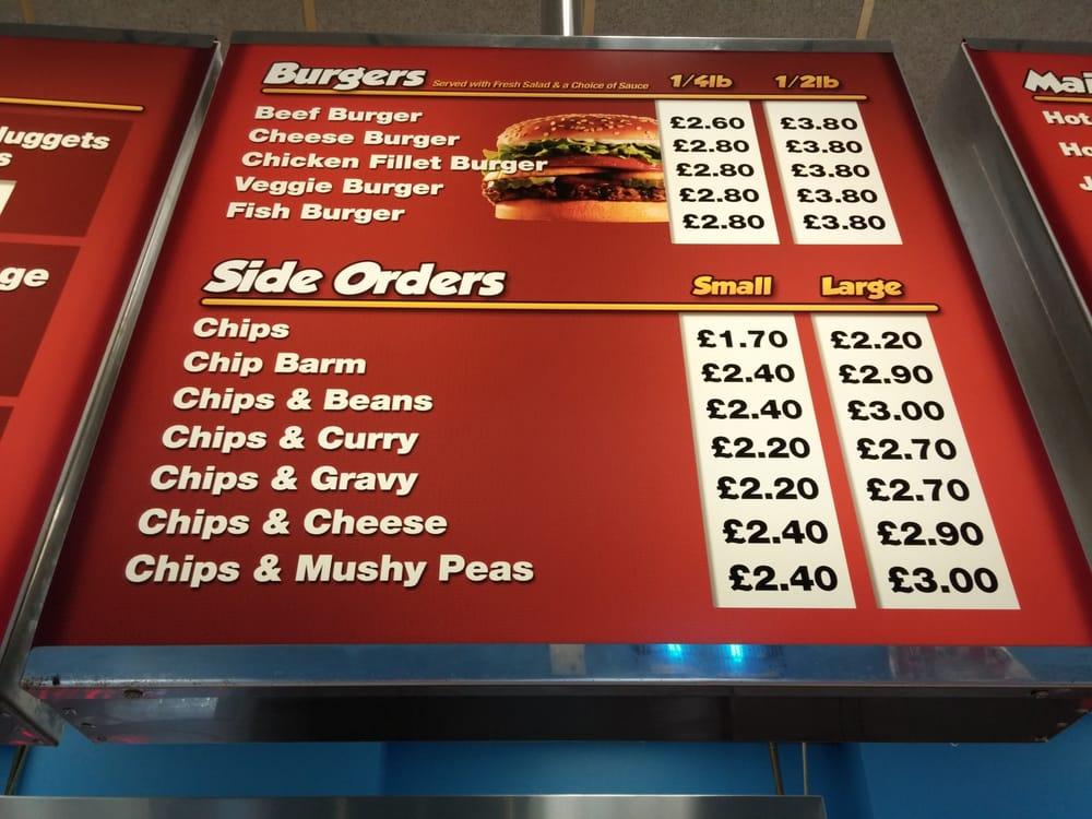 Menu at Mr Chippy fast food, Blackpool