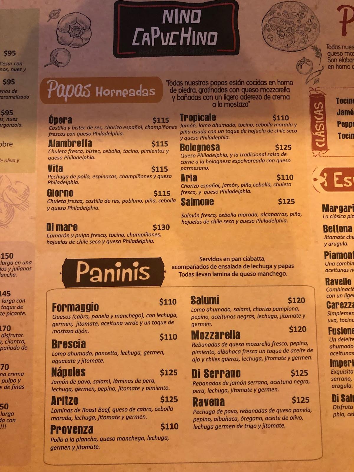 Menu at Nino Capuchino cafeteria, Mexico City