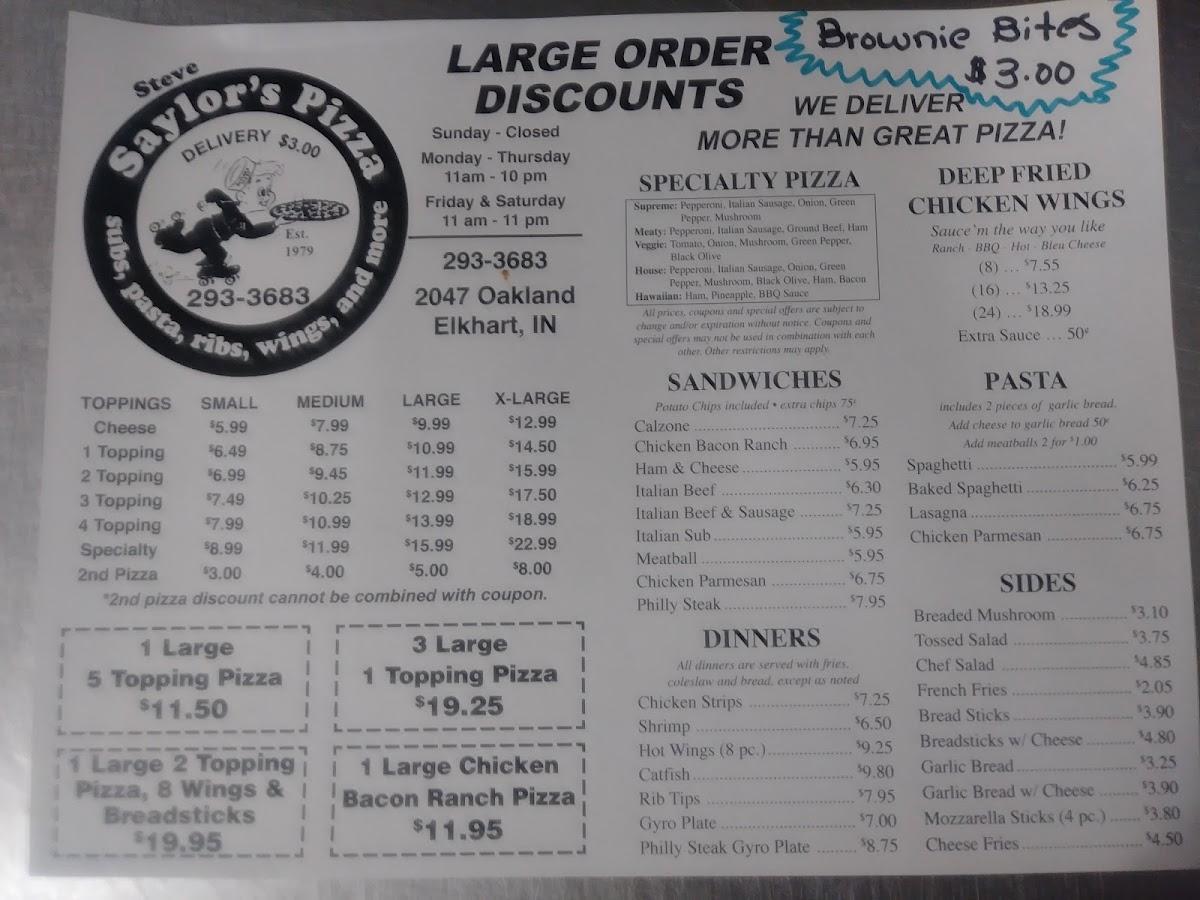 Menu at Saylor's Pizza & More pizzeria, Elkhart