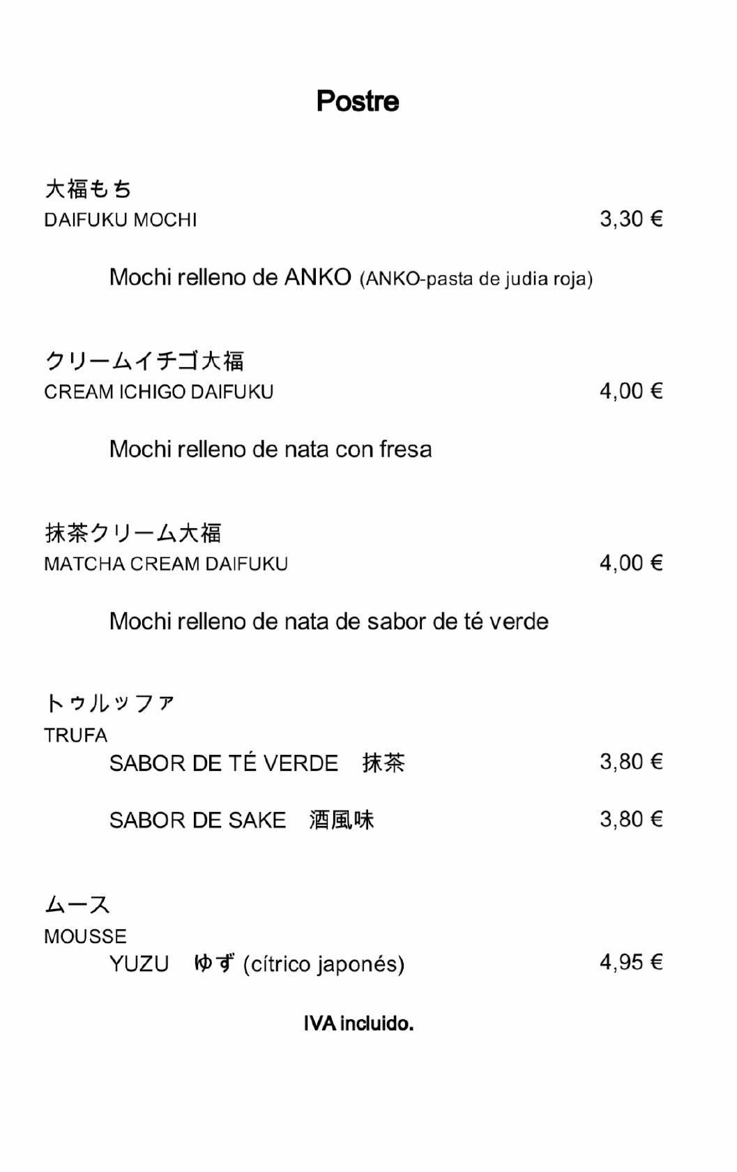 Carta del restaurante Shunka, Barcelona