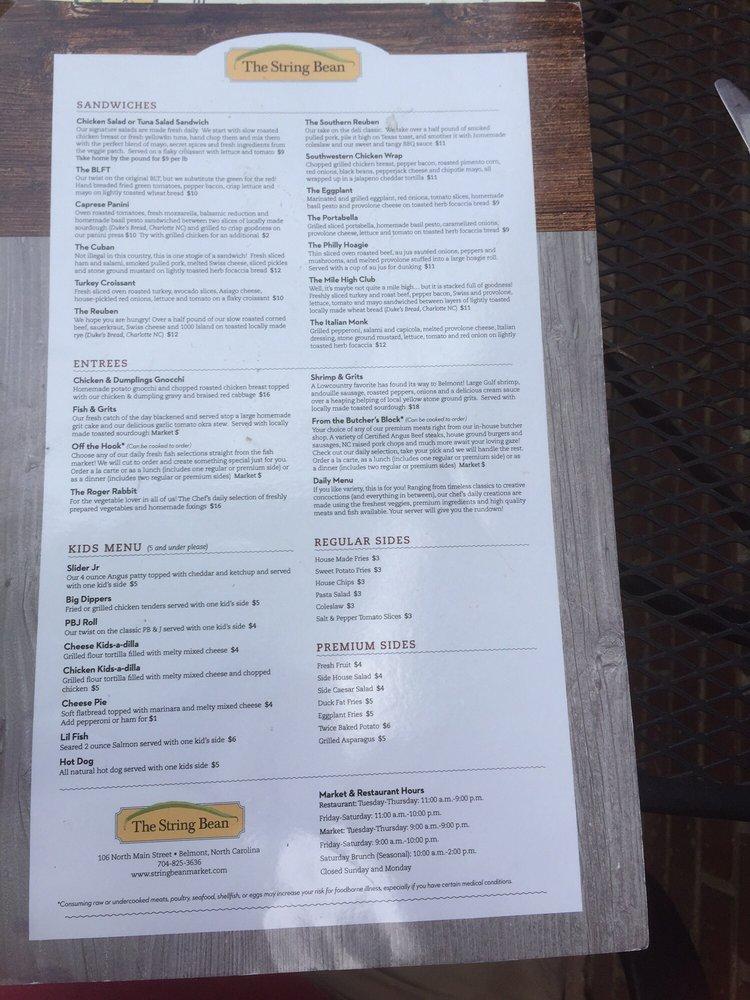 Menu at The String Bean restaurant, Belmont