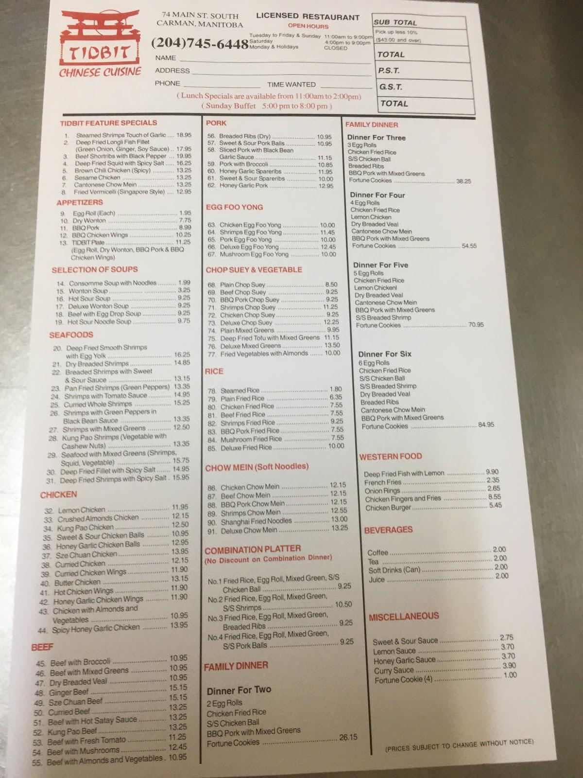 Menu at Tidbit Restaurant, Carman