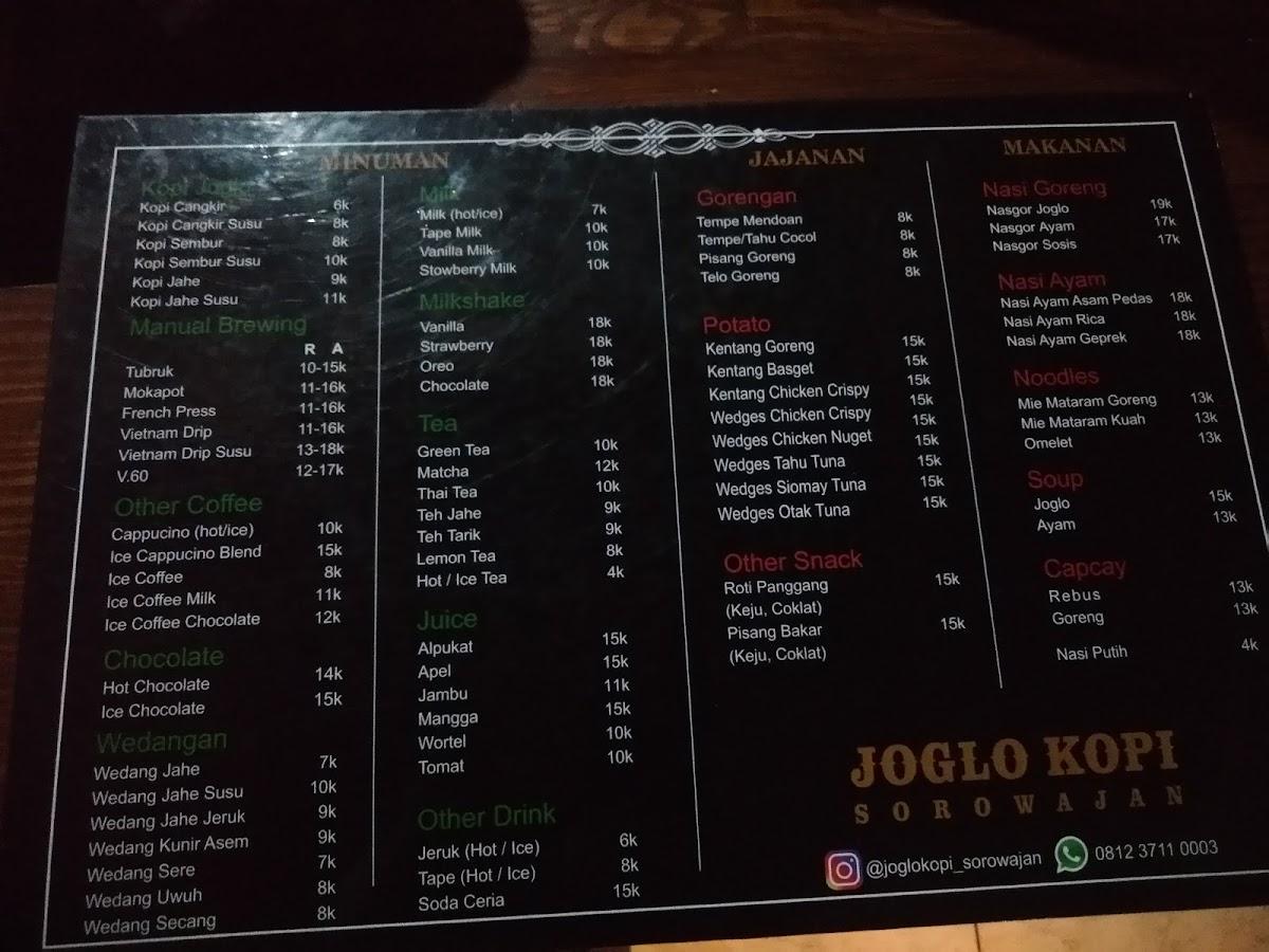 Menu at Joglo Kopi SONGGO LANGIT cafe, Banguntapan