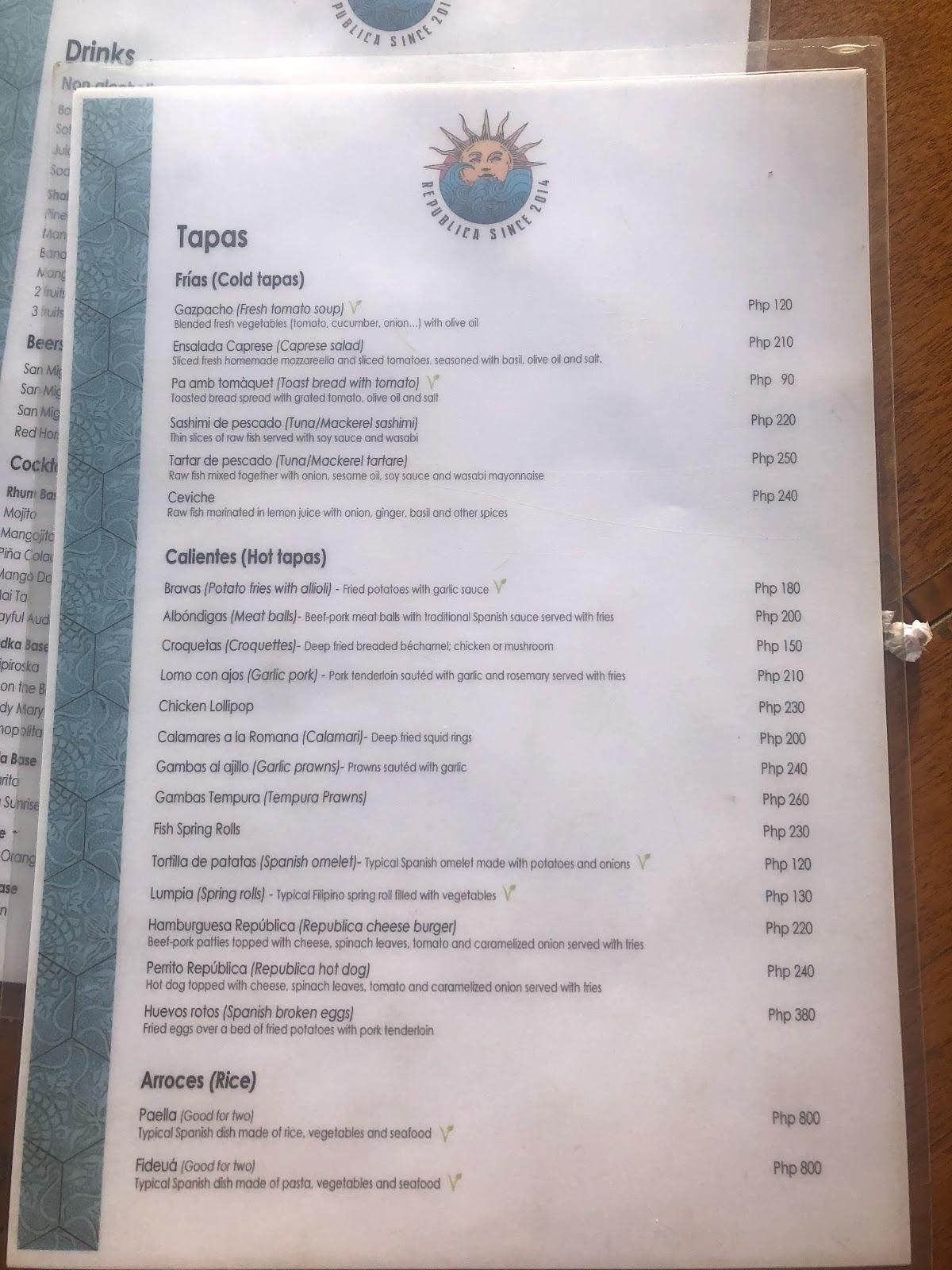 Menu at Republica Sunset Bar, El Nido