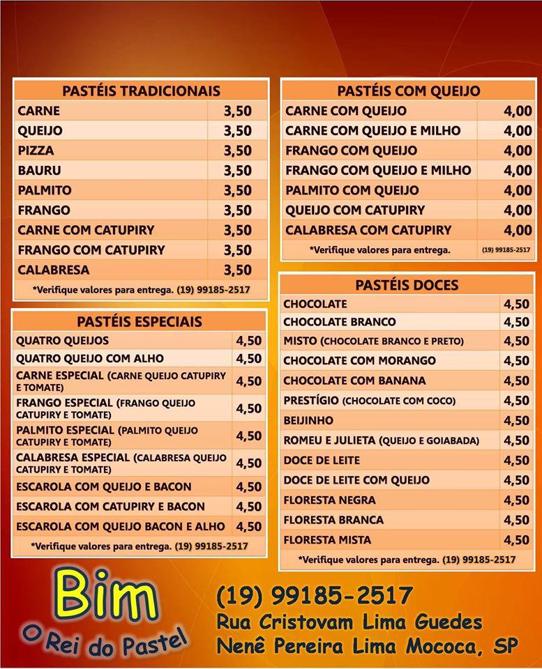 Menu at Bim o Rei do Pastel cafeteria, Mococa