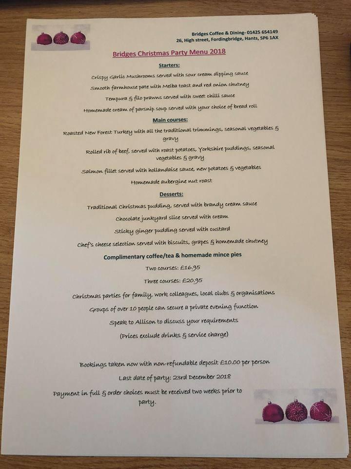 Menu at Bridges cafe, Fordingbridge