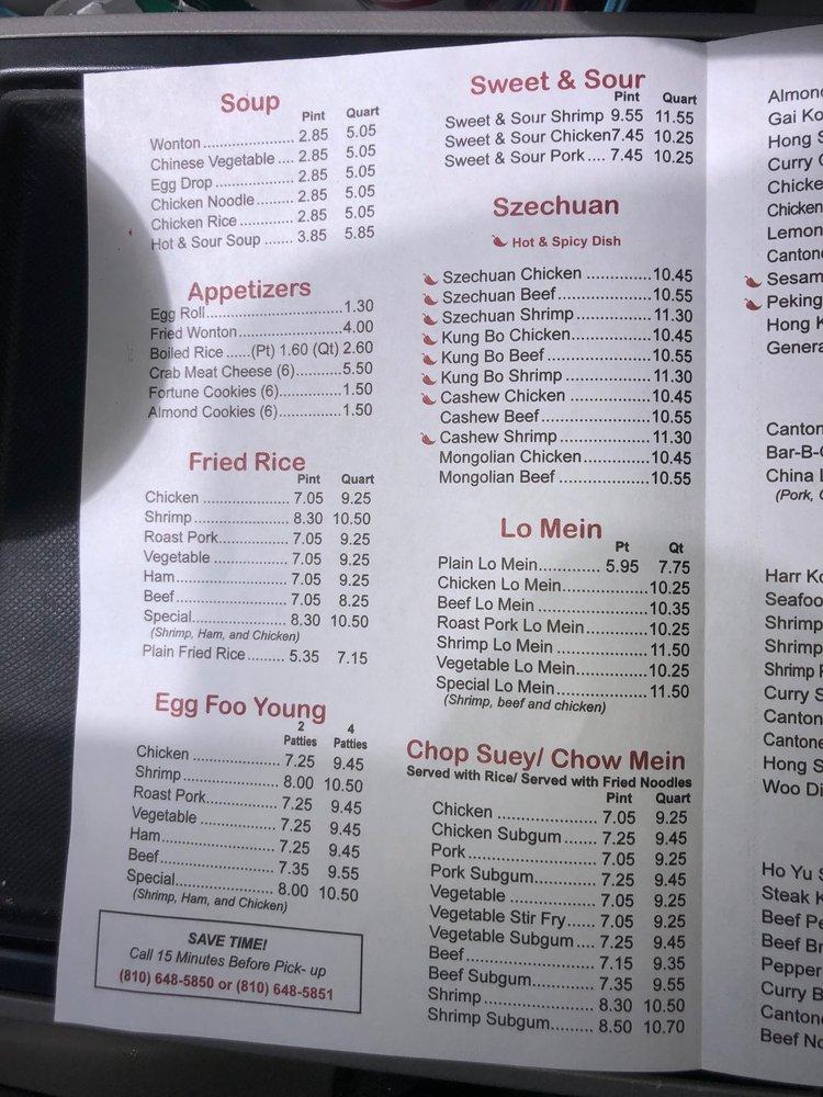 Menu at China Lee restaurant, Sandusky