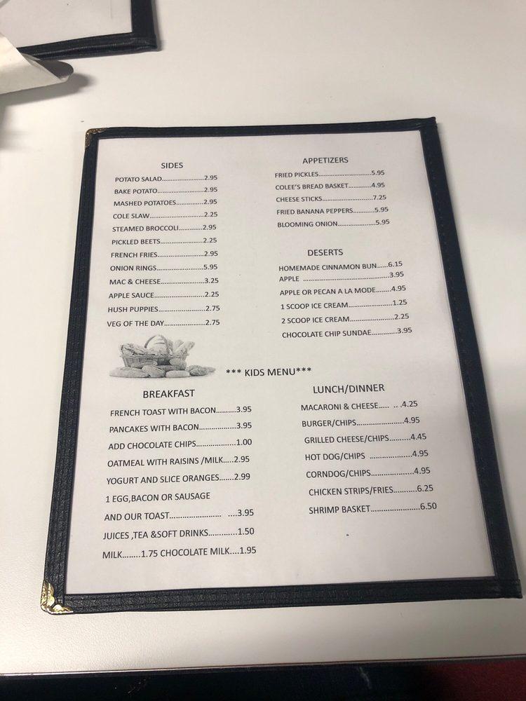 Menu at Colee's restaurant, Palatka